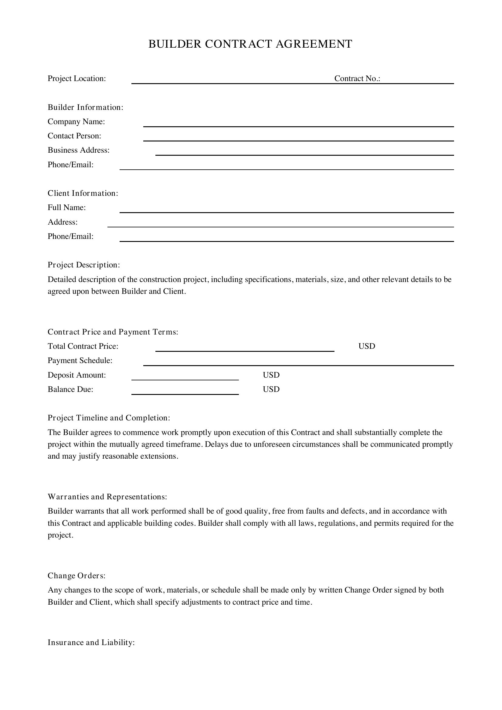 Builder Contract Template - US