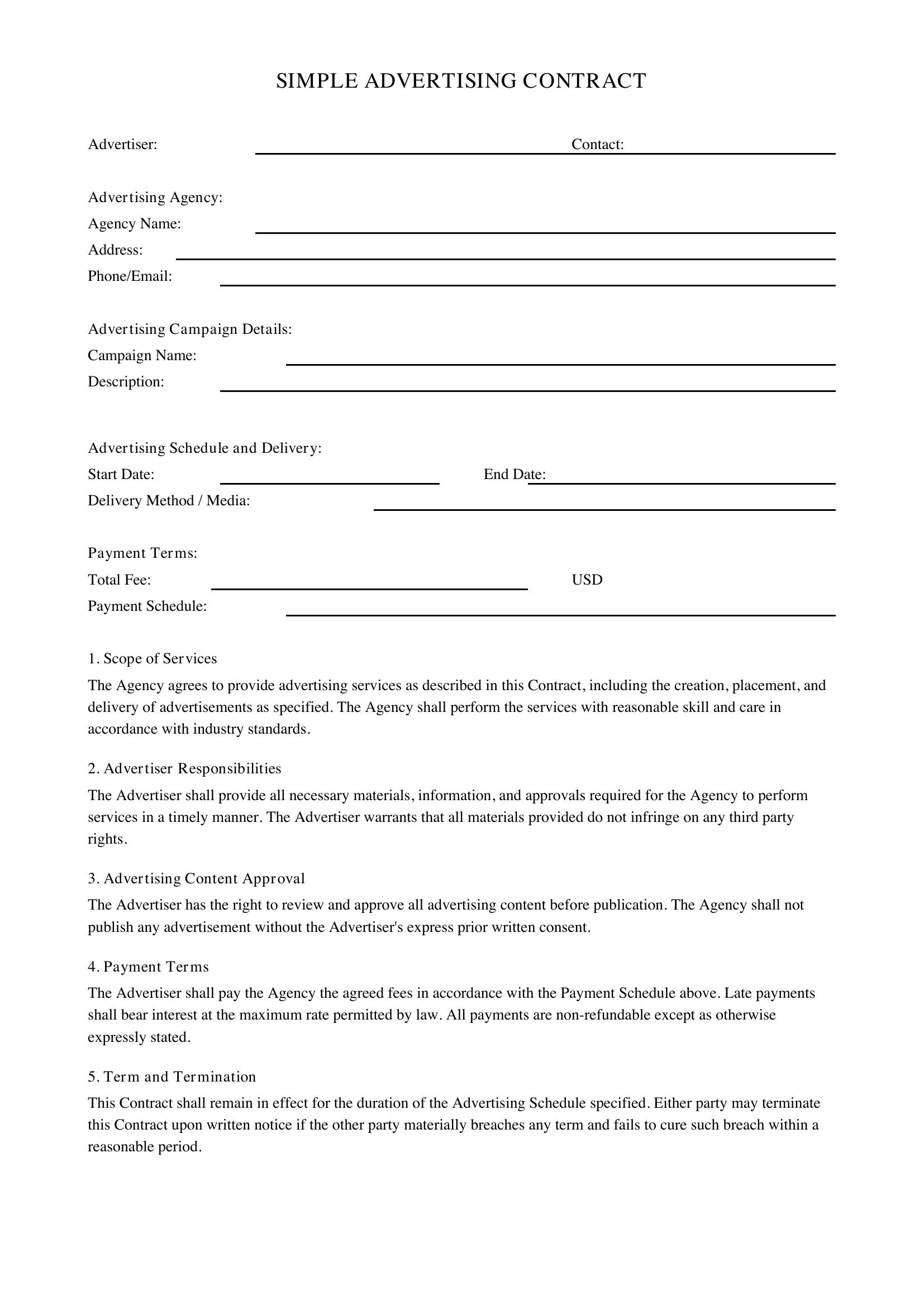Simple Advertising Contract Template - US