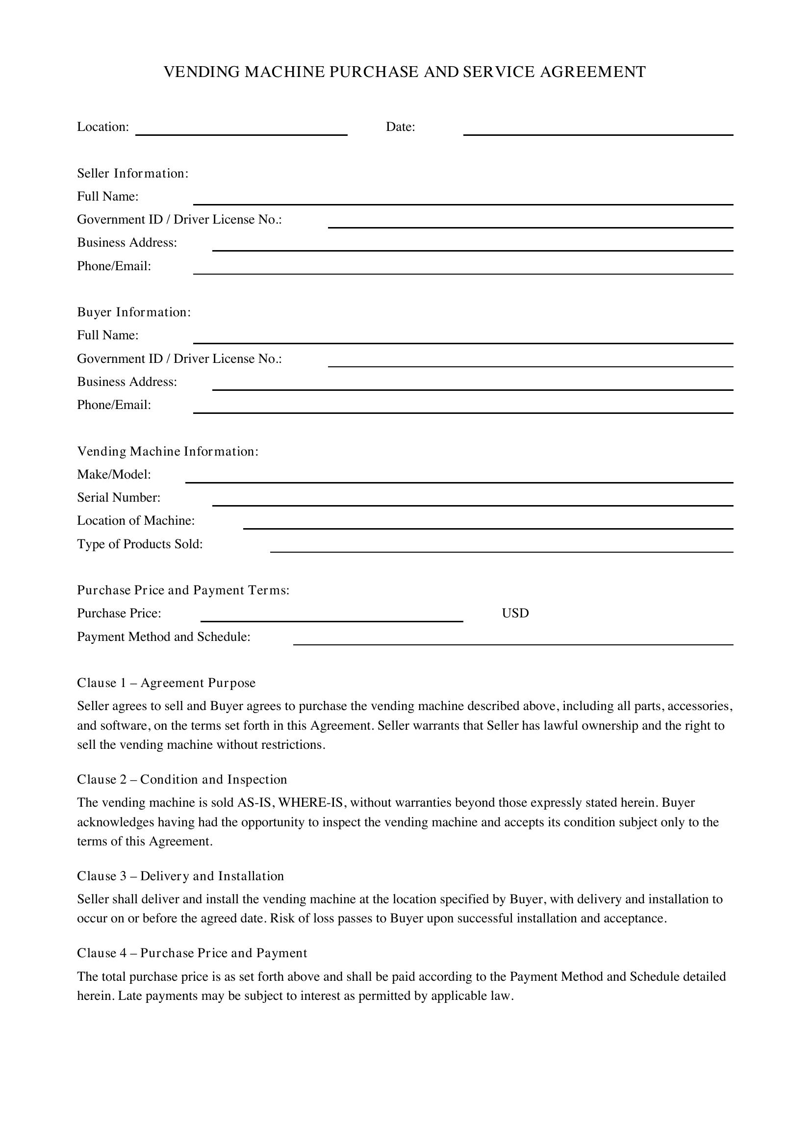 Vending Machine Contract Template - US